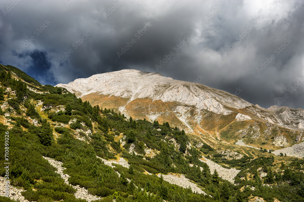 Vihren mount, the highest peak in Pirin, view from Vihren hut. Summer ...