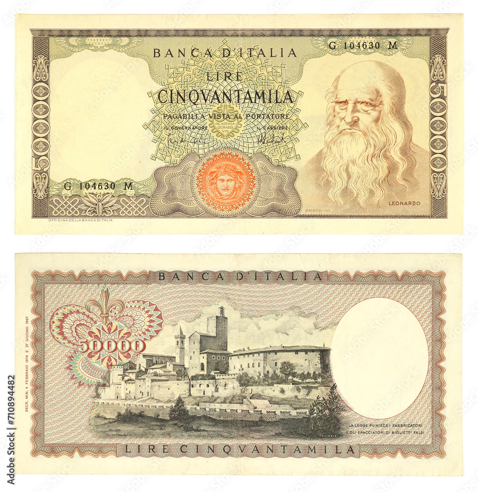 Bank of Italy, old italian banknote of 50000 lire, numismatic paper ...