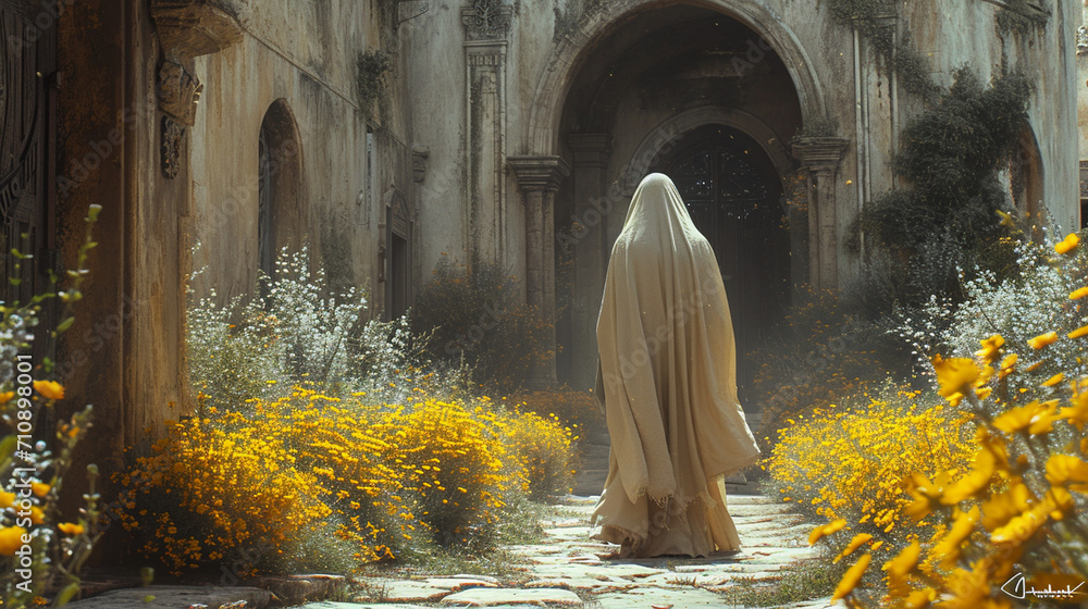 A visually stunning portrayal of a nun immersed in the act of prayer ...