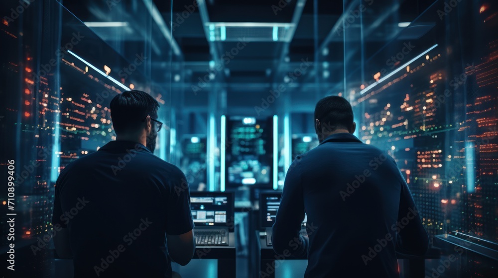 Pair of IT engineers , surrounded by rows of blinking server racks in a technologically advanced ...