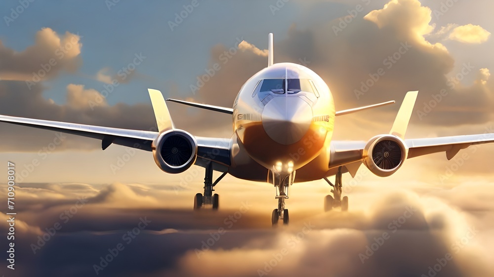 Front view of a passenger jet airplane with landing gear down against a ...