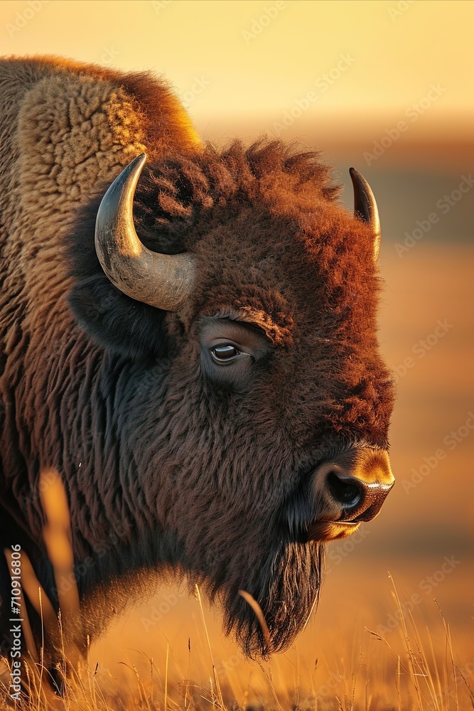 Majestic Bison in Yellowstone, Detailed side portrait of a walking ...