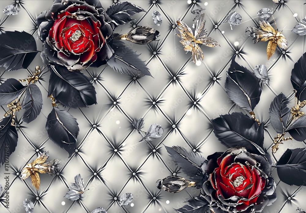 Diamonds and roses with grey feathers wallpaper with white background, in the style of gold and ...