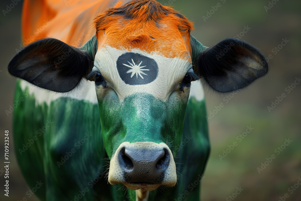Holy cow portrait as sacred animal in Indian flag colors with copy ...
