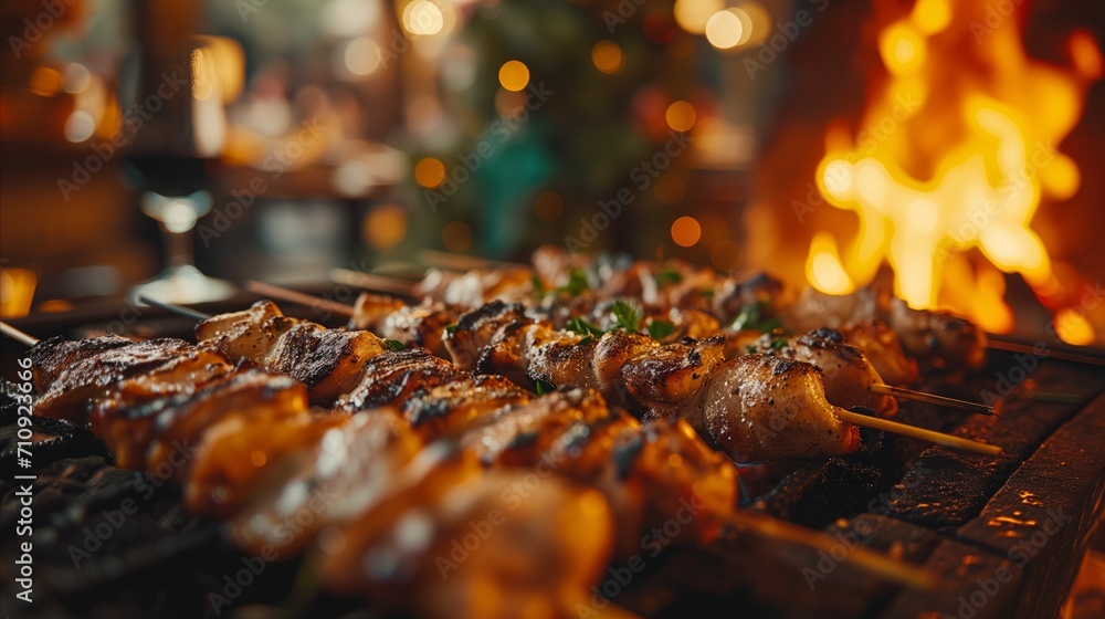 Grilled chicken skewers over open flame at a cozy evening bbq Stock ...