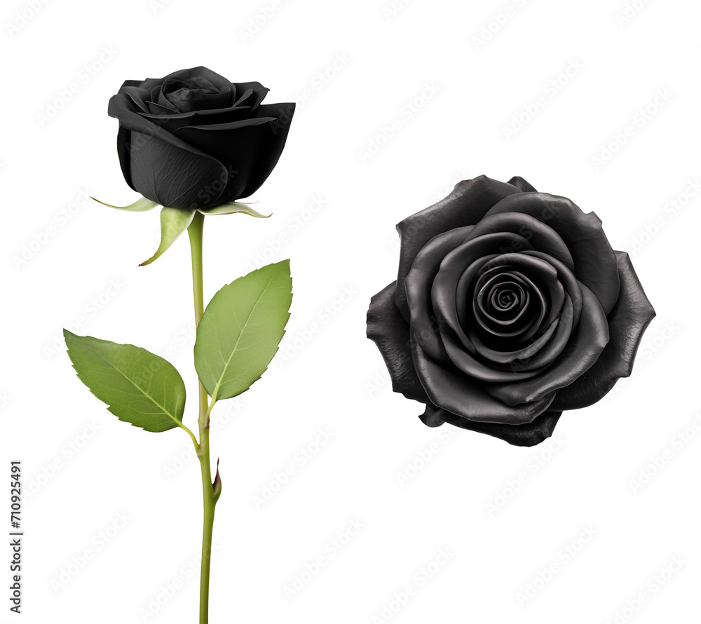 Top and side view of a rose flower with black petals. Isolated ...