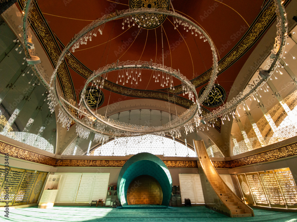 Interior view of Sakirin Mosque, a modern mosque located at one of the ...