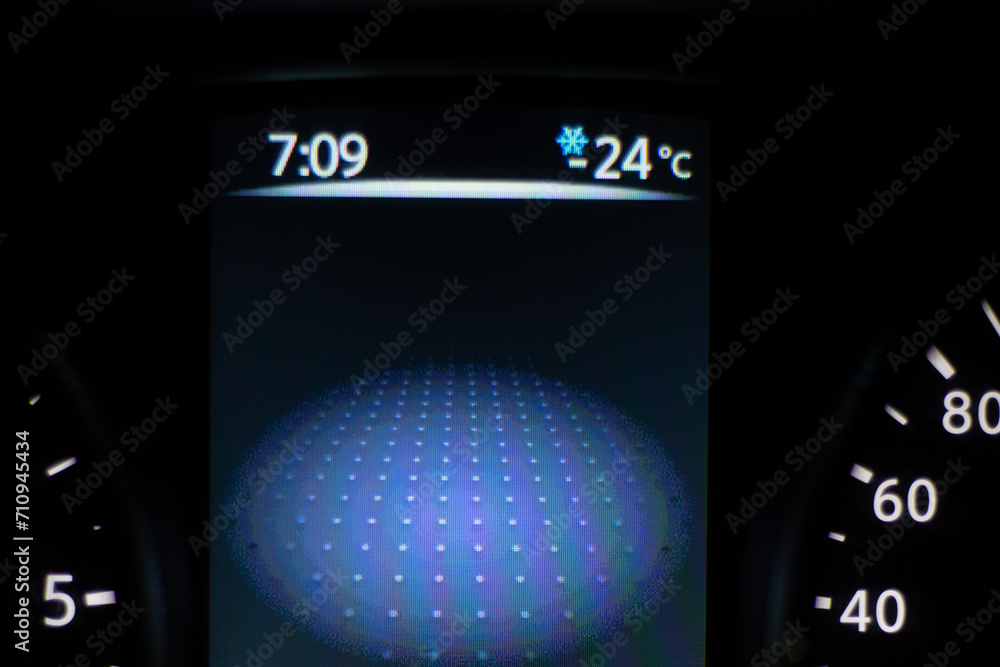 Car dashboard lights showing speed and temperature. Car instrument ...