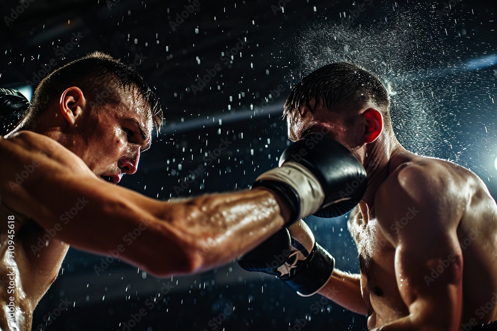 A boxing athlete blocks a punch to the jaw during a fight with an opponent. Two male boxers ...