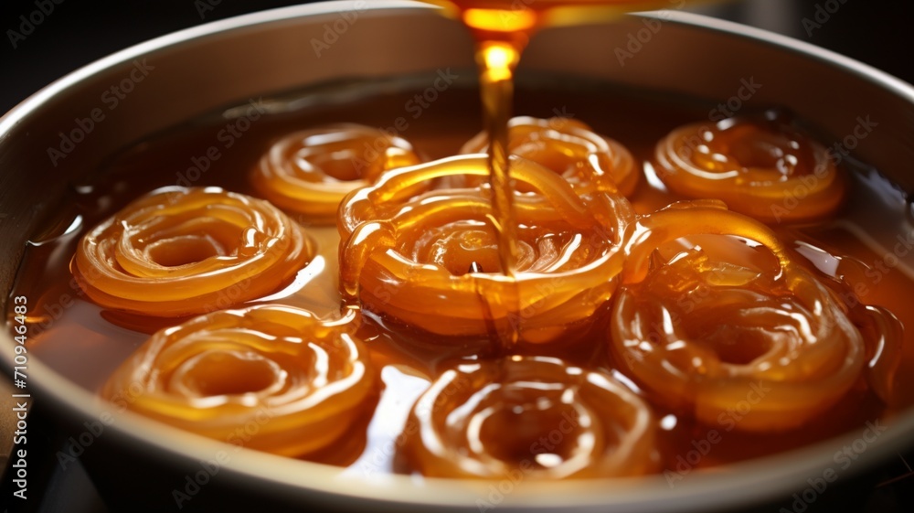 Sweet Jalebi A macro shot of a sizzling jalebi being lifted from a ...
