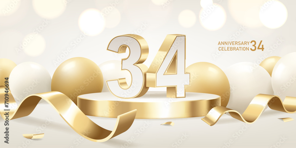 Vecteur Stock 34th Anniversary celebration background. Golden 3D ...