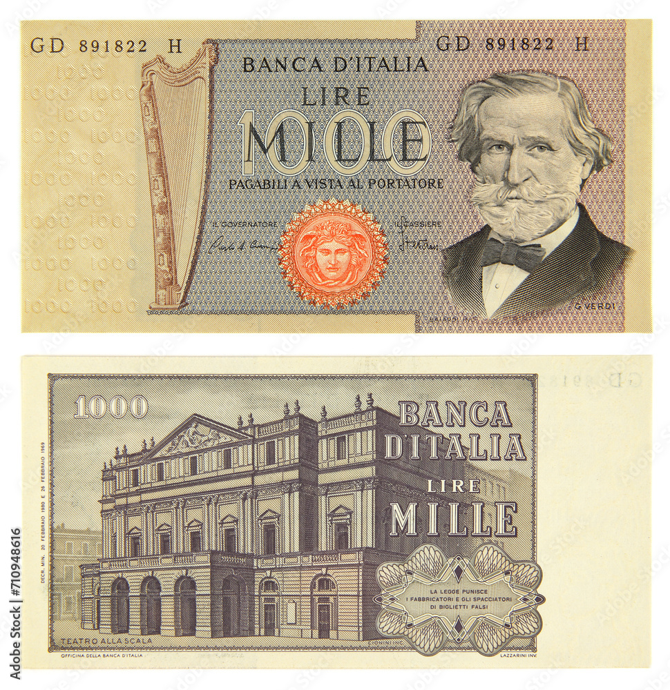 Bank of Italy, old italian banknote of 1000 lire with Giuseppe Verdi ...