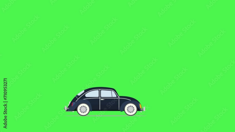 2D animated vintage navy blue Car stops and moving left to right ...