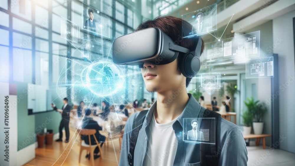 Man experiencing advanced virtual reality technology with futuristic ...