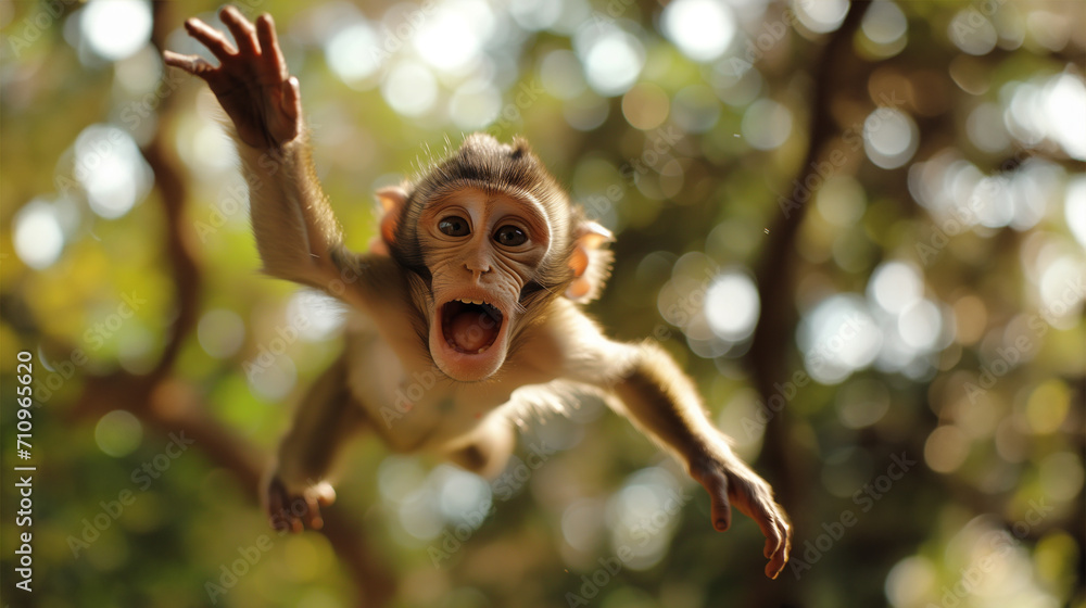 Single Monkey or Macaca jumping in a flying position. It leaping floats ...