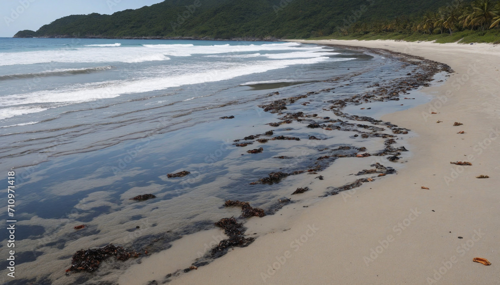 Beach environment pollution. Oil stains on the beach. Oil leak to the ...
