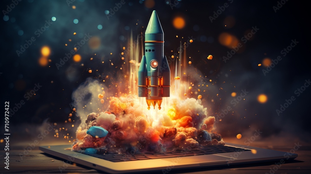 Playful cartoon rocket launching into the air from laptop screen on ...