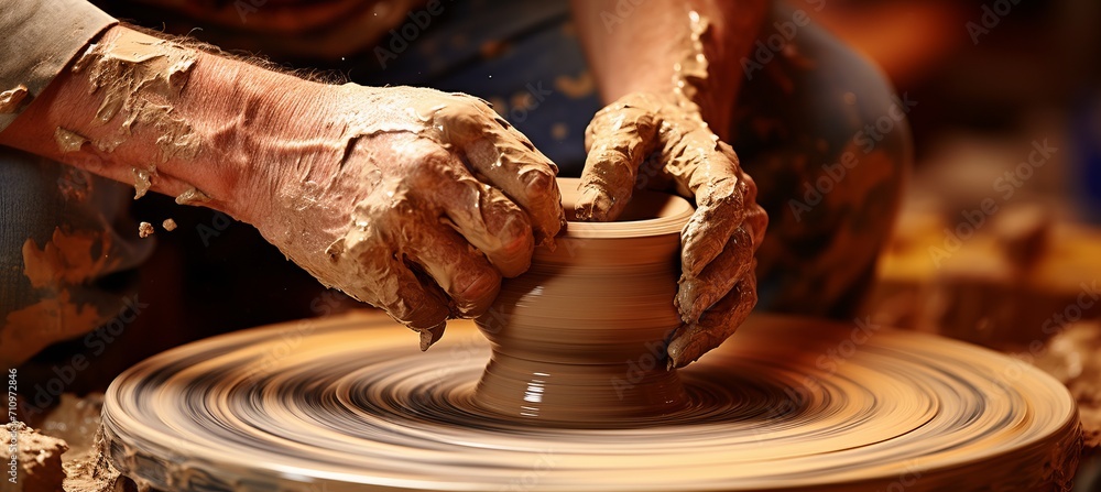 Skilled potter expertly creating matching ceramic pieces on a wheel in ...