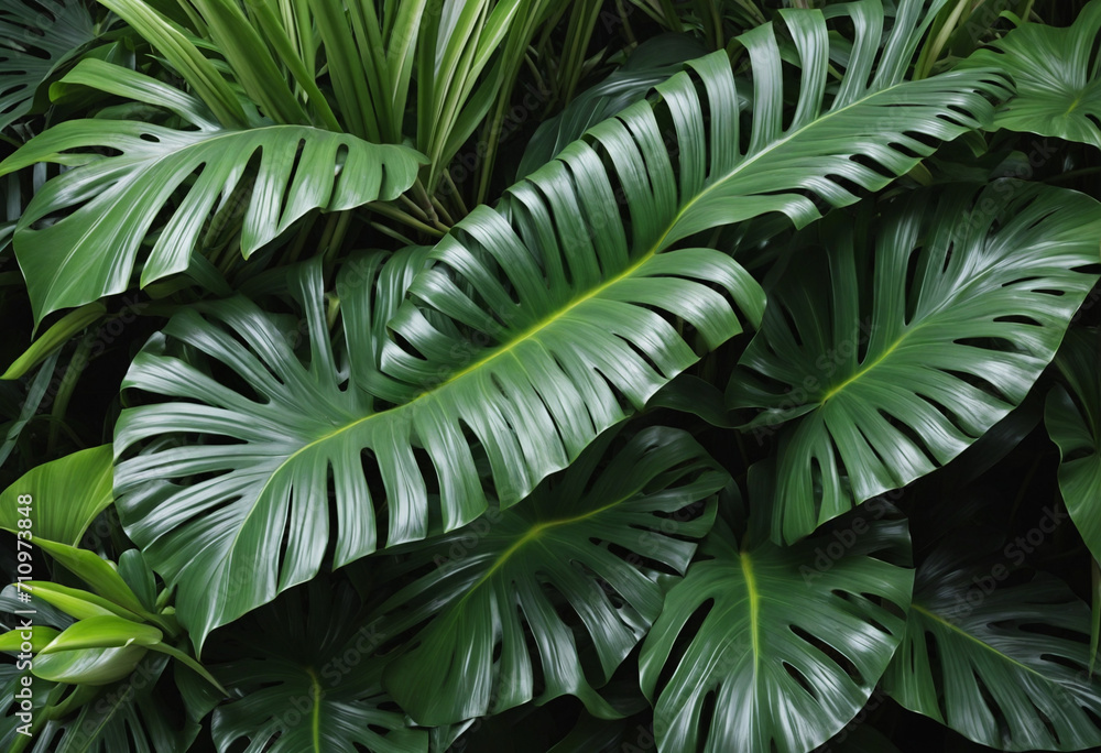 Closeup green leaves of tropical plant in garden. Dense dark green leaf ...