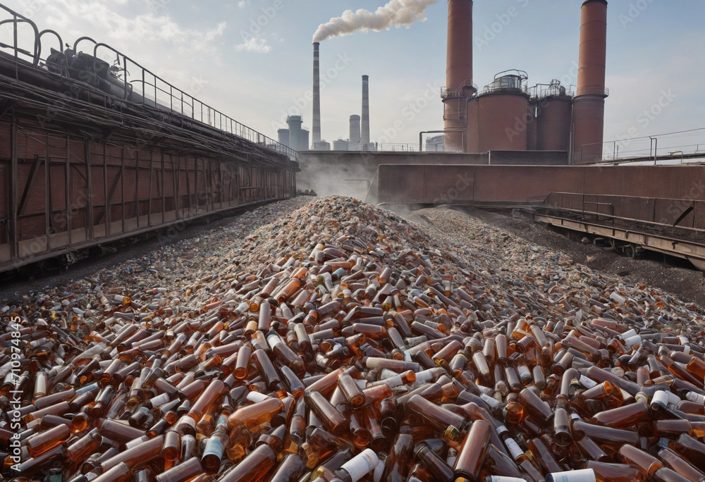 Brown glass bottles stacked for recycling at a recycling facility ...