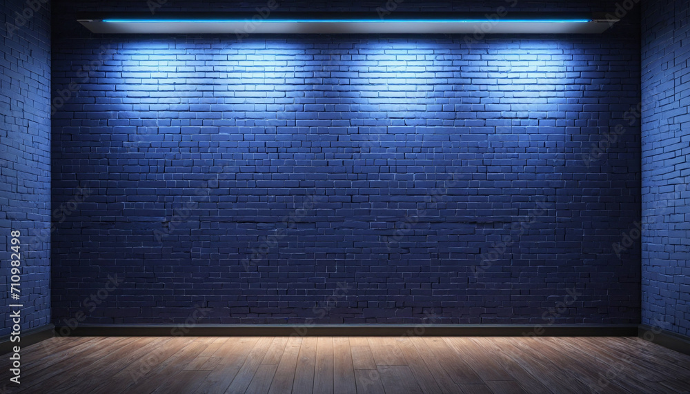 Blue neon spotlight shining on empty brick wall with copy space. High ...