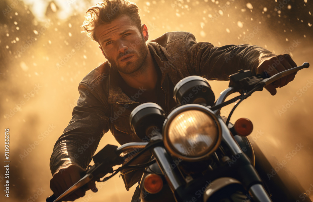 Motorcycle rider riding a motorcycle with sun behind and explosive ...