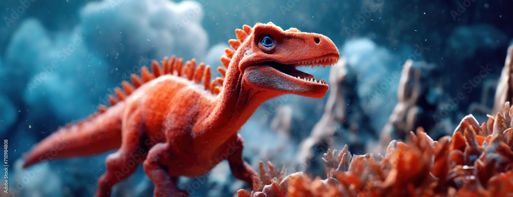 Vibrant Dinosaur Model Roaring in a Prehistoric Forest. Volcanic ...