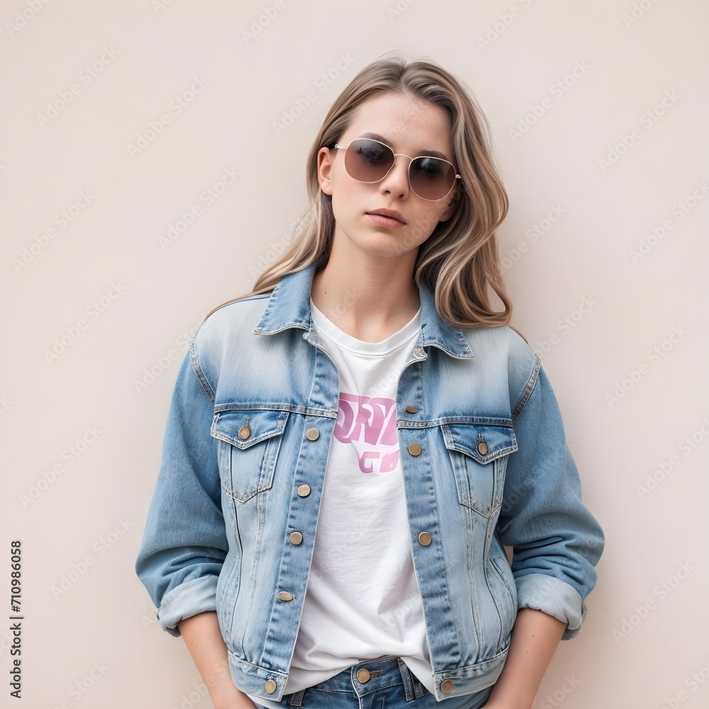 Mujer cool con gran estilo, usando una chaqueta de mezclilla y blusa ...