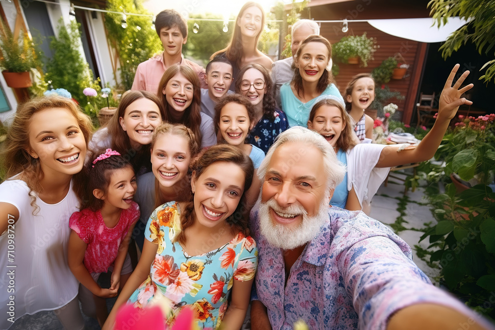 Portrait photo of full big family gathering relatives, multi generation ...