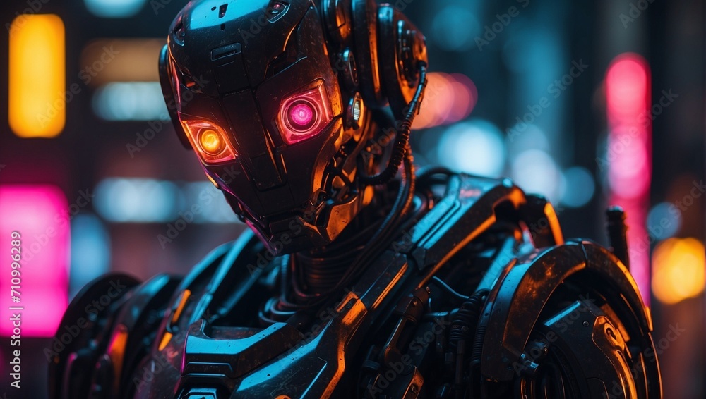 Neon humanoid robot. Artificial intelligence. A smart machine, a ...