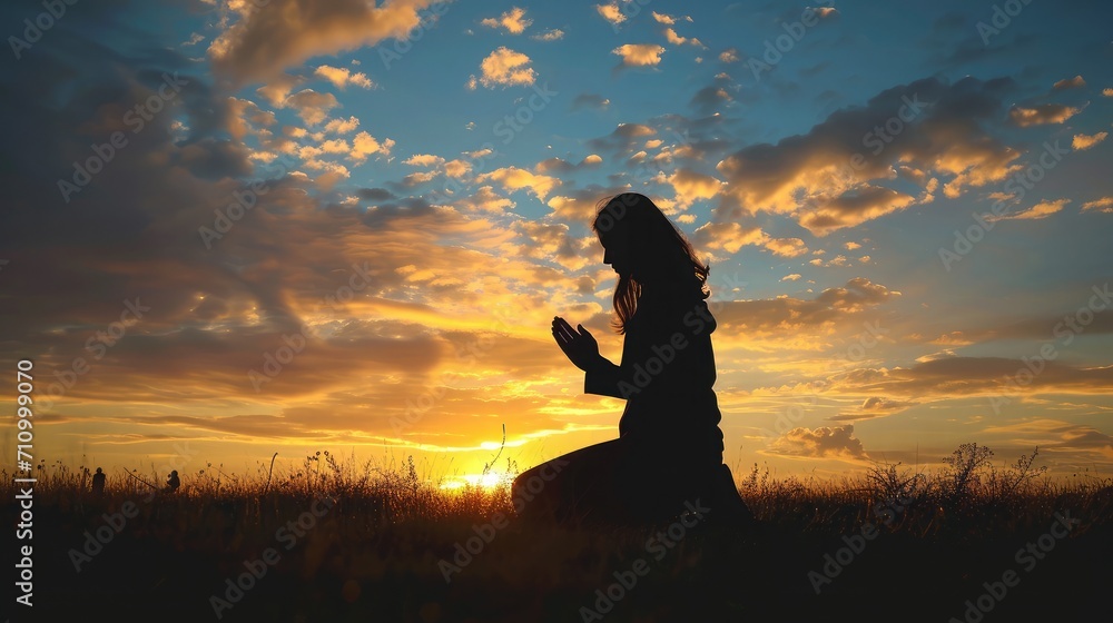 Silhouette of woman kneeling down praying for worship God at sky ...