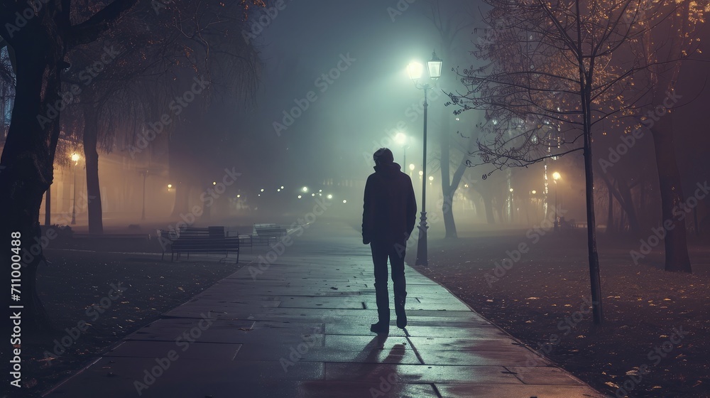 Sad man alone walking along the alley in night foggy park. Back view ...