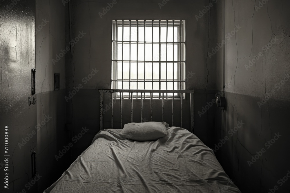 A picture of a bed in a jail cell with a pillow on it. Suitable for ...