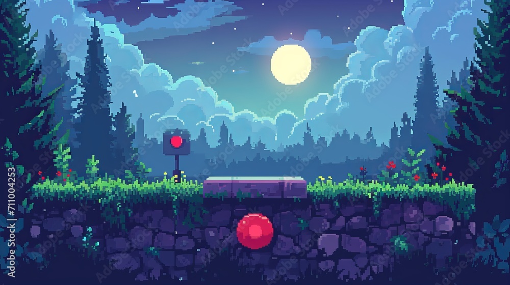 Pixel art game background with button level up. Game design concept in ...