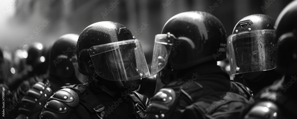 A powerful black and white photo capturing a line of police officers ...