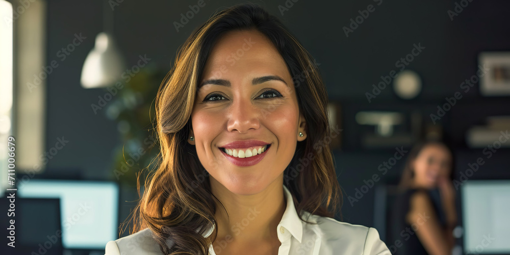 35 year old Latina woman, blurred office background Stock Photo | Adobe ...