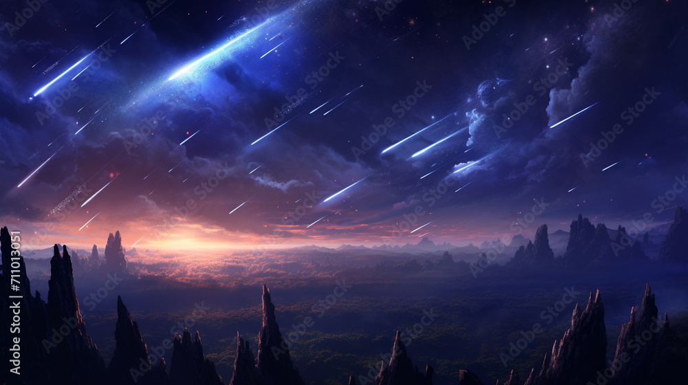 celestial scene with a cosmic atmosphere, featuring a meteor shower ...