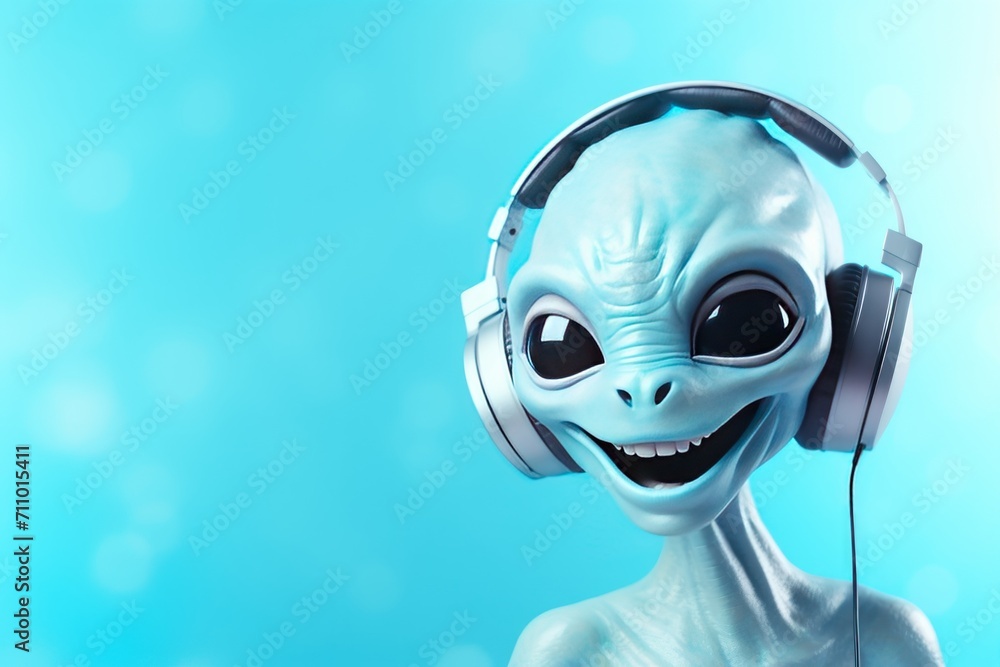 Blue happy alien with big eyes plugged into headphones, lost in music ...