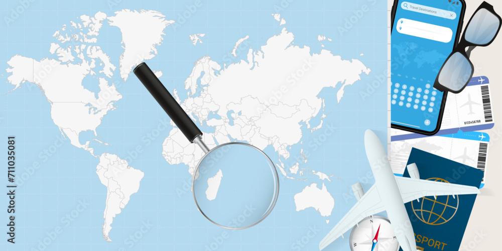 Mauritius is magnified over a World Map, illustration with airplane ...