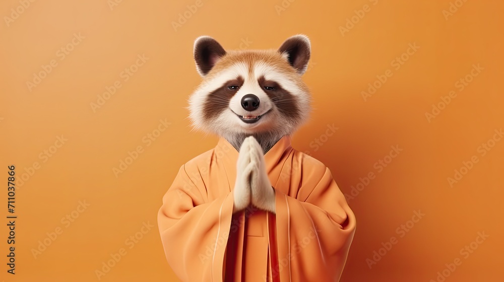 Smiling raccoon in zen pose wearing an orange robe Generative AI Stock ...