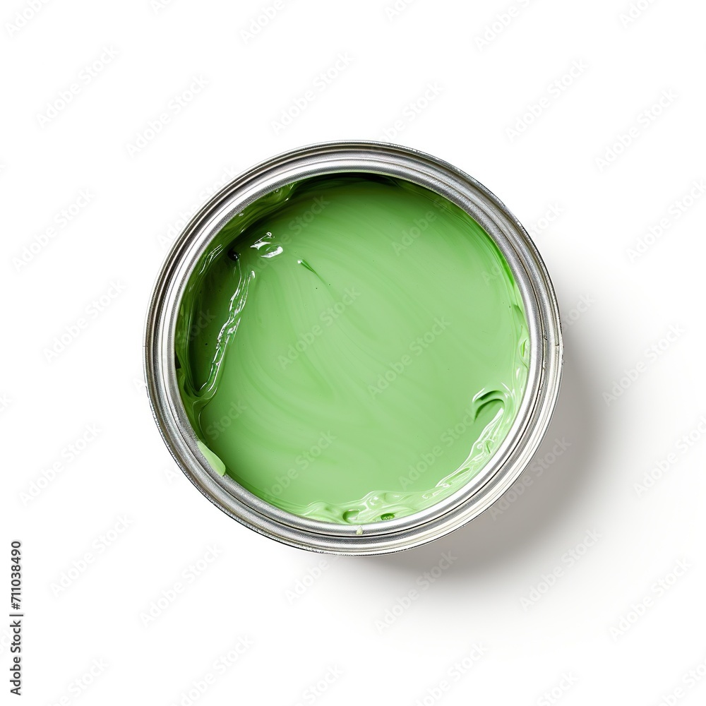 Can of green paint isolated on white background, top view. Open round ...