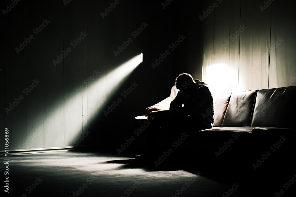 silhouette of a desperate man in a dark room. Symbol of depression. AI ...