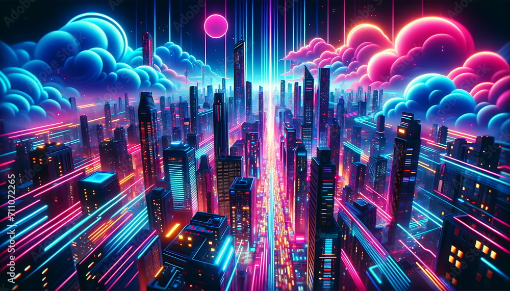 Synthwave retro-futuristic cyberpunk style city landscape with clouds ...