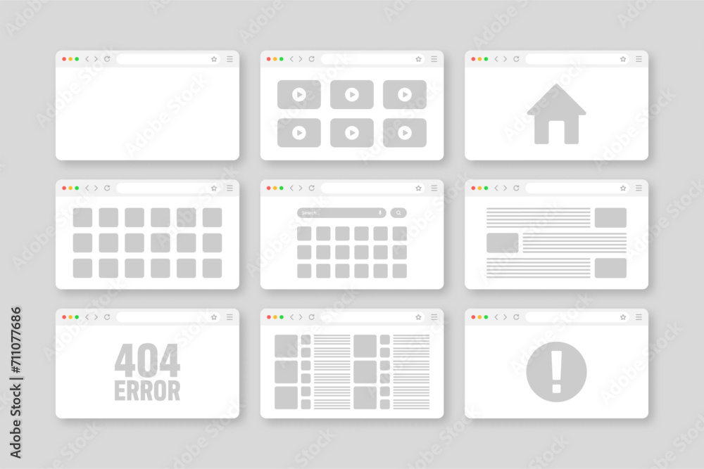 Web browser window, pages layout with toolbar and search field. Modern ...