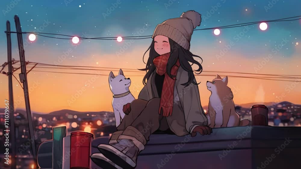 Lofi animation. Seamless loop. Girl with dogs on the roof. Assets were ...
