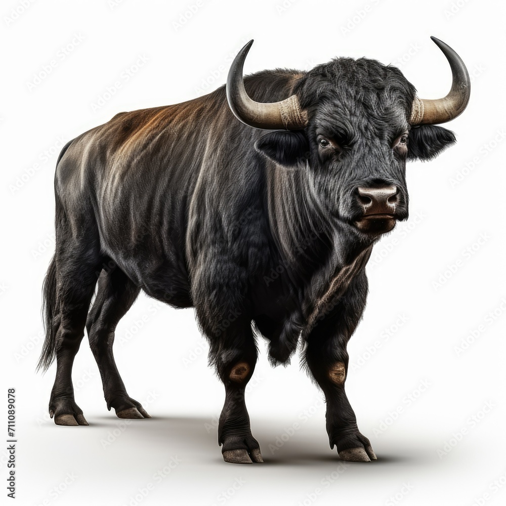 Majestic black bull with curved horns standing against a white ...