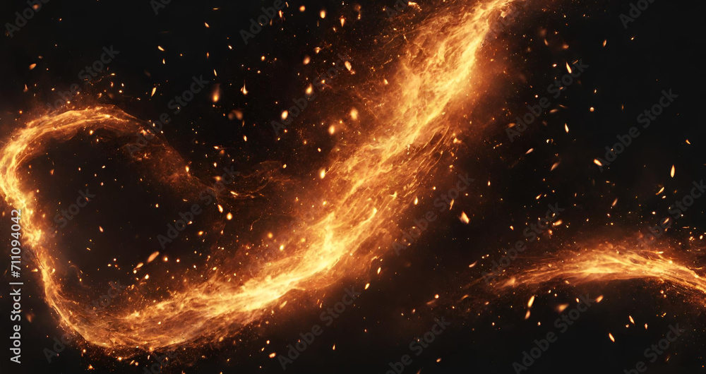Fiery sparks swirling against a black backdrop resembling gleaming fire ...