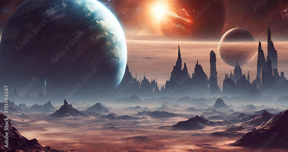 Alien world deep space landscape, Spaceship orbiting planet in star ...