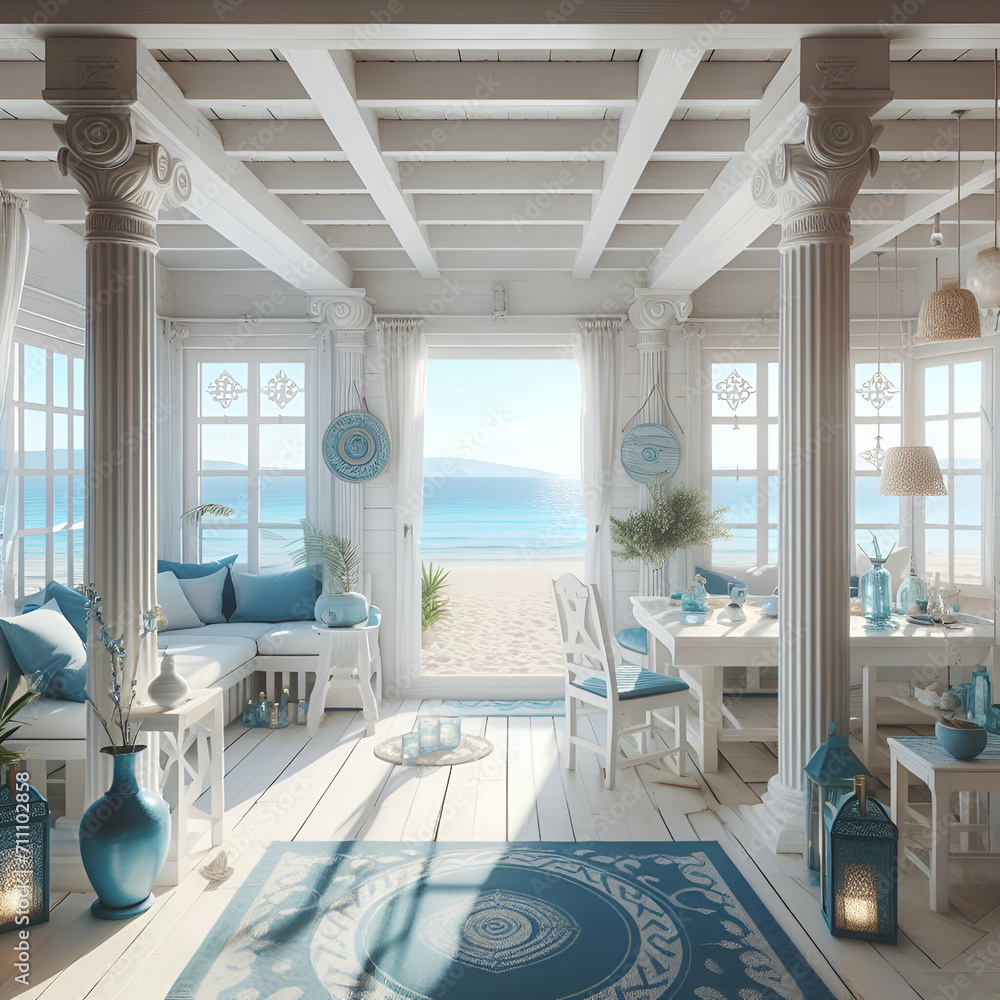White Luxury Greek Beach House Room with Azure Blue Architecture Decor ...