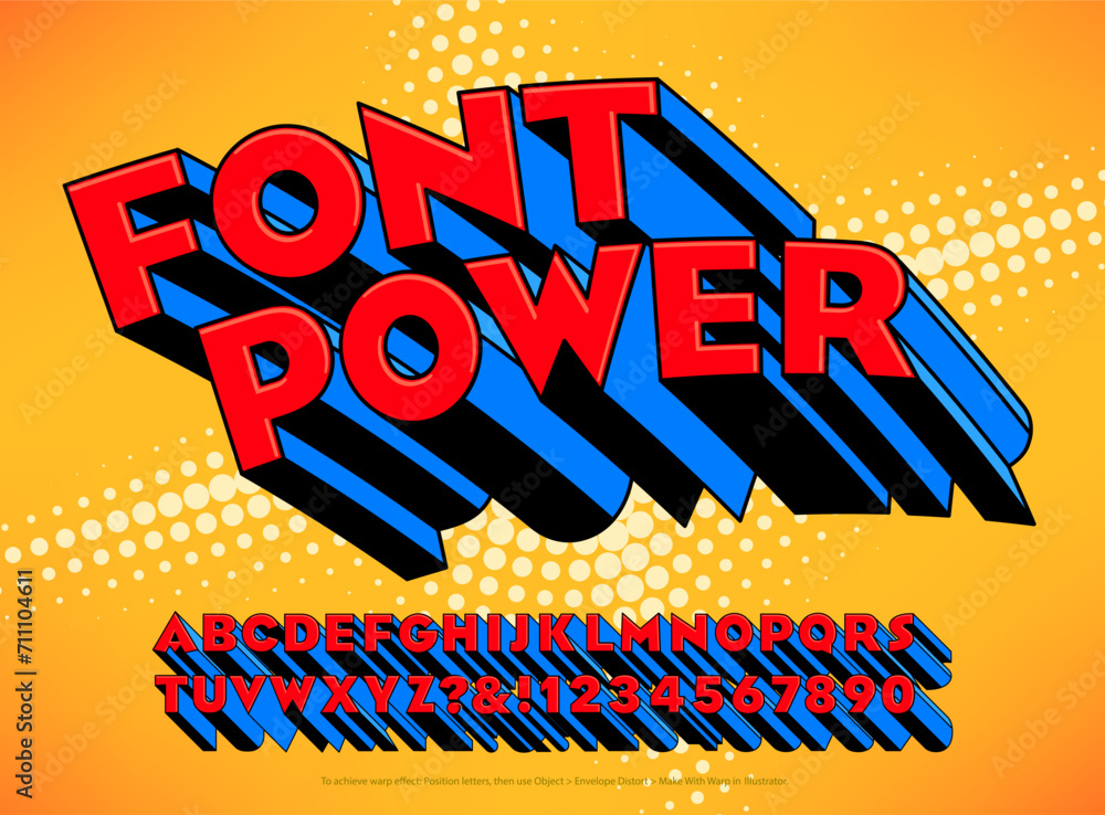 Font power is a retro comic book style lettering, in bright primary ...